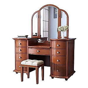 LEONYS Makeup Vanity Table Set with Round Mirror, Built-in LED Light, Dressing Desk with 9 Drawers and Cushioned Stool for Bedroom, for Women (Color : Brown)