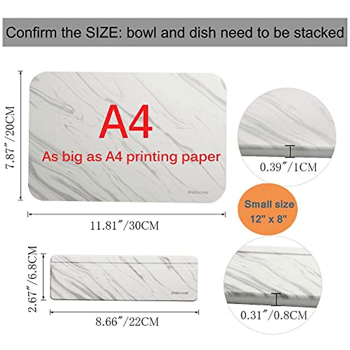 Dish Drying Mats for Kitchen Counter, Diatomaceous Earth Mat, 12”x8” & 9”x3” Small Size Hard White Water-Absorbent Heat-Resistant Non-Slip Diatomite Mat, Draining Mat for Drying Rack (Marble)