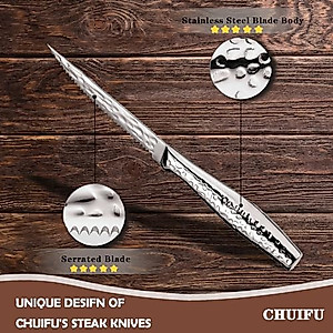CHUIFU Steak Knives, Steak Knives Set of 4, 4.5 Inch Stainless Steel Serrated Steak Knife, Hammered Pattern Hollowed Handle, Steak Knife Set with Gift Box