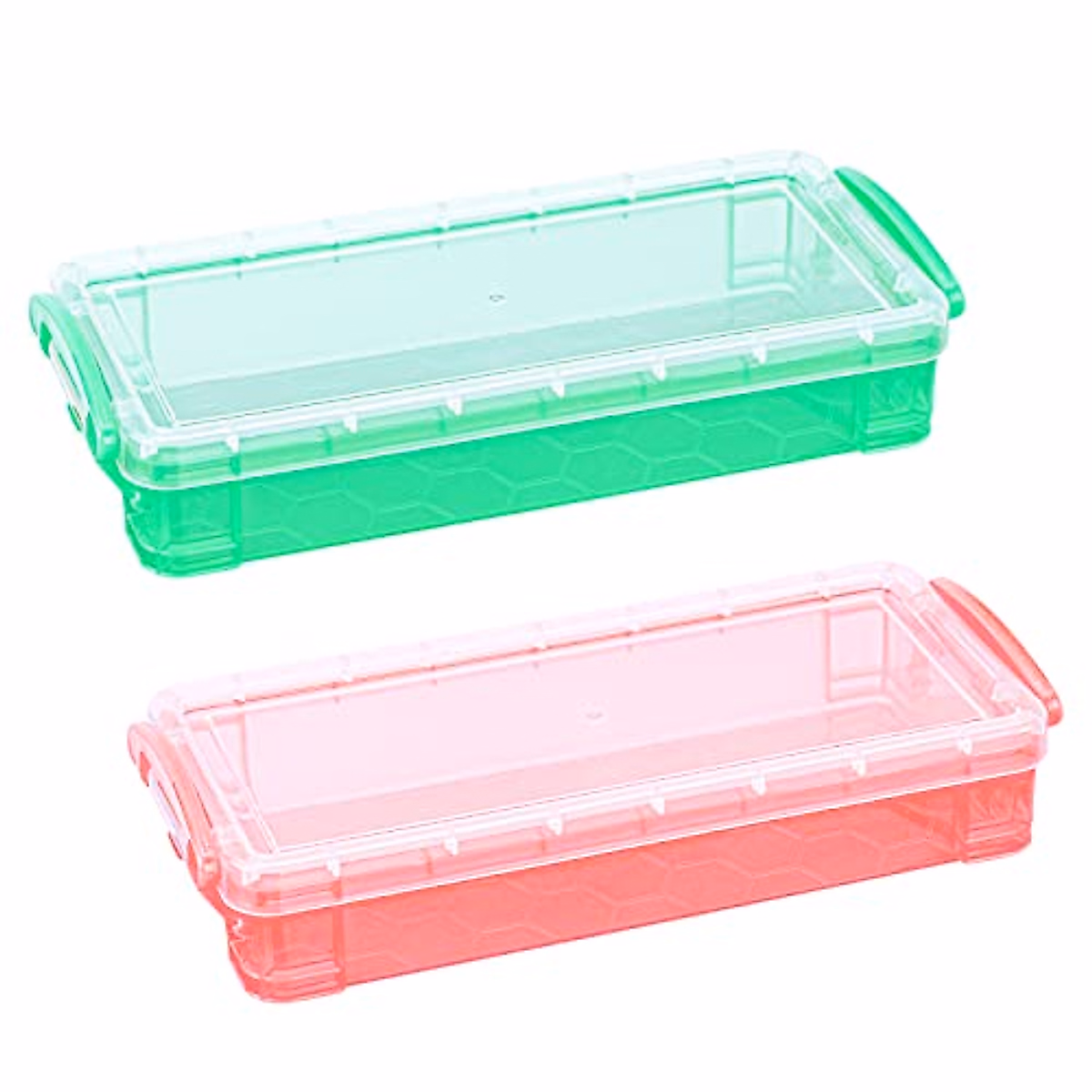 JANKOW 2PC Pencil Box, Large Capacity Plastic Pencil Case Boxes, Hard Pencil Case, Crayon Box with Snap-tight Lids, Plastic Pencil Boxes Stackable Design for Kids, Boys, School, Classroom(Red, Green)