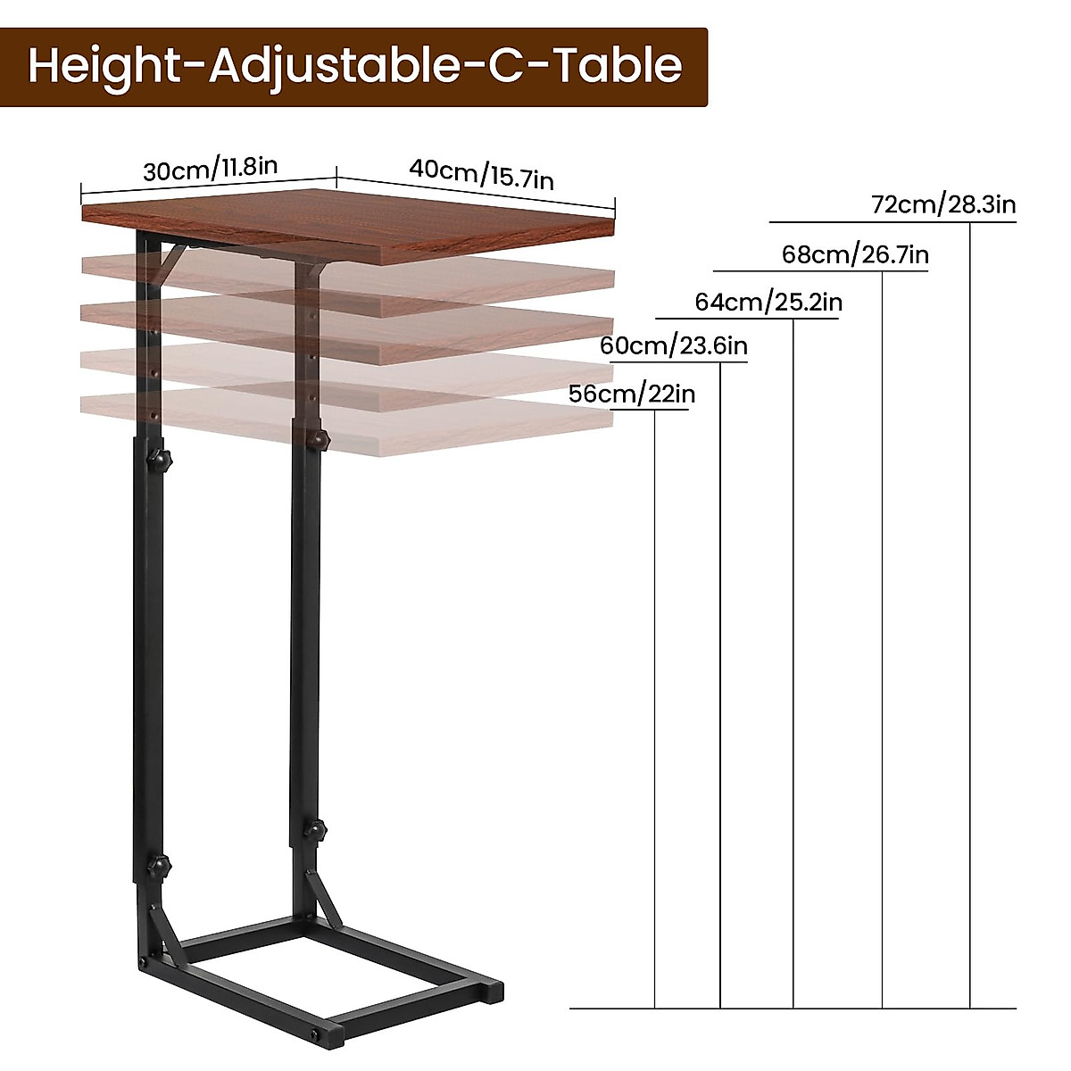 WHEARTED Adjustable C Shaped End Table - C Table Side Table for Couch and Sofa, Small Coffee Table with Metal Frame in Living Room, Bedroom, Bedside Rustic Brown