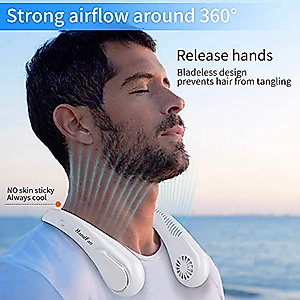 Bladeless Neck Fan 5000mAh, Necklace Fan Battery Operated 4 speeds, Wearable Fan Rechargeable Strong Airflow, Hands-Free Fan Portable, for Outdoor Activities Travel Office Home (White)