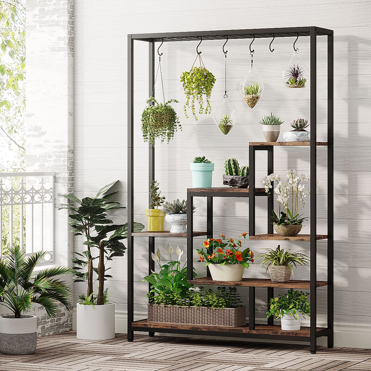 Tribesigns 5-Tier Tall Indoor Plant Stand, 70.9 inches Large Metal Plant Shelf with 6PC S Hanging Hooks, Multi-Purpose Flower Bonsai Pots Display Rack for Indoor, Garden, Balcony, Living Room