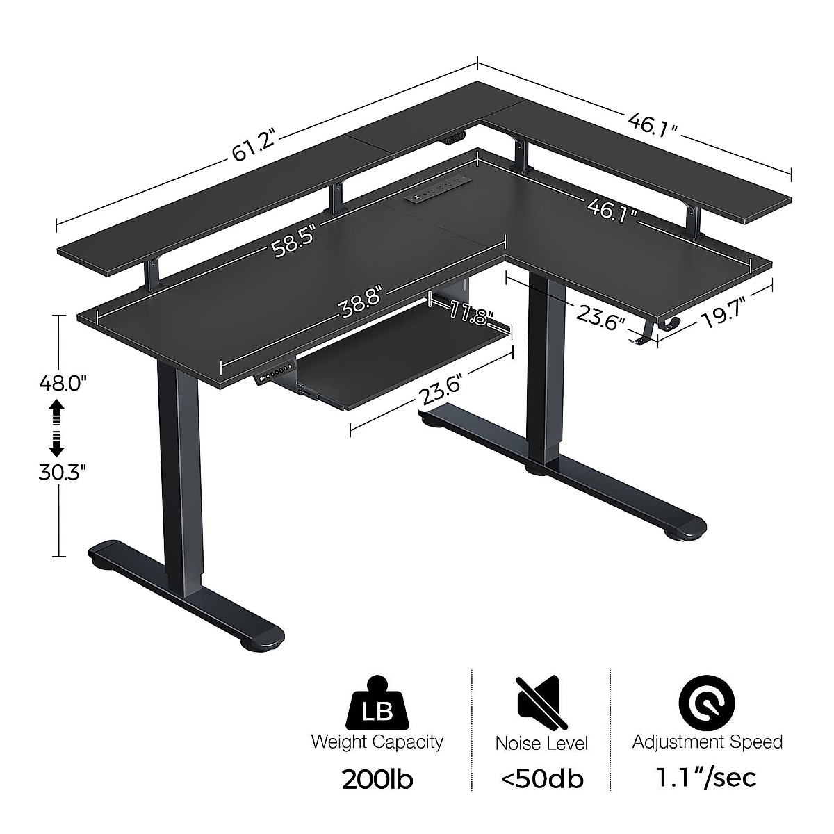 Rolanstar L Shaped Standing Desk with LED Light and Power Outlet, Dual Motor Height Adjustable Electric Standing Desk with Monitor Stand & Keyboard Tray, 61.2" Sit Stand Desk Black
