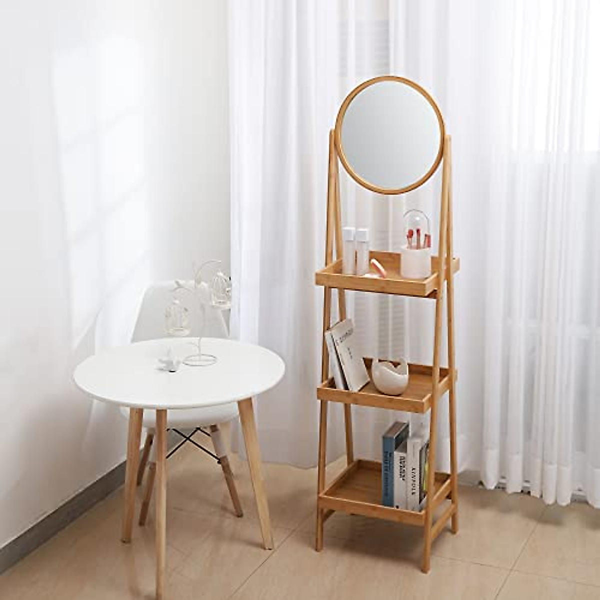 Proman Products Vega 3-Tier Bamboo Shelf Rack with Mirror ST17163, 17" W x 14" D x 64" H, Natural