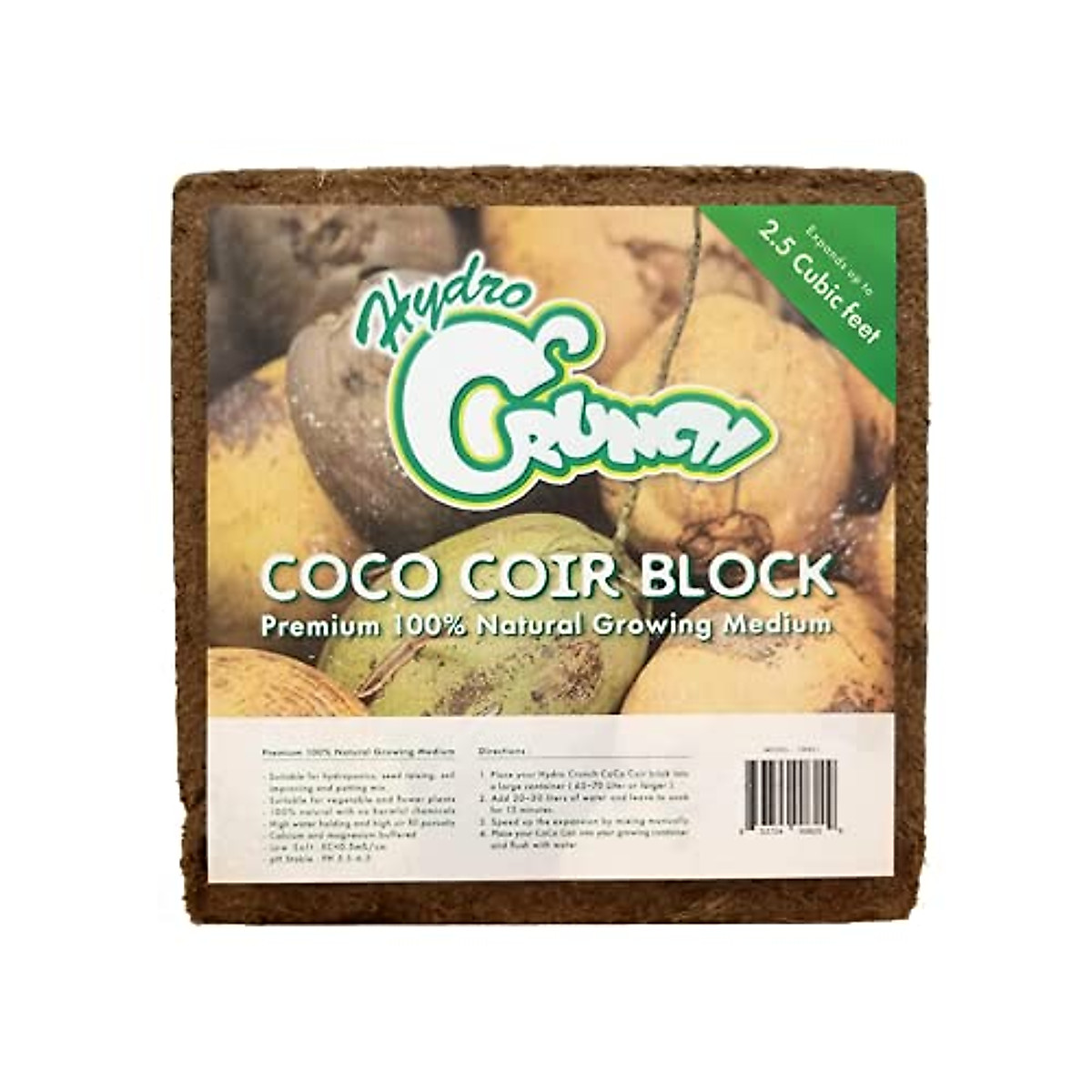 Hydro Crunch CB801 Coco Coir 2.5 Cubic Ft Block of Soiless Growing Media, Brown