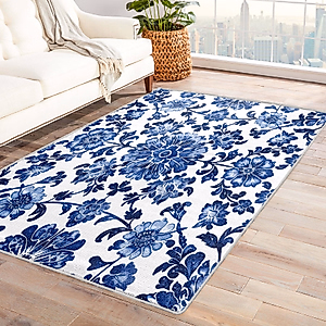 Chinoiserie Rug & Home Decor - Blue and White Porcelain Rugs for Entryway, Front Door Mat Indoor Entrance, Washable Rugs, 2x3 Rug, Non Slip Soft Area Rug, Floral Carpet & Room Decorations X-&315