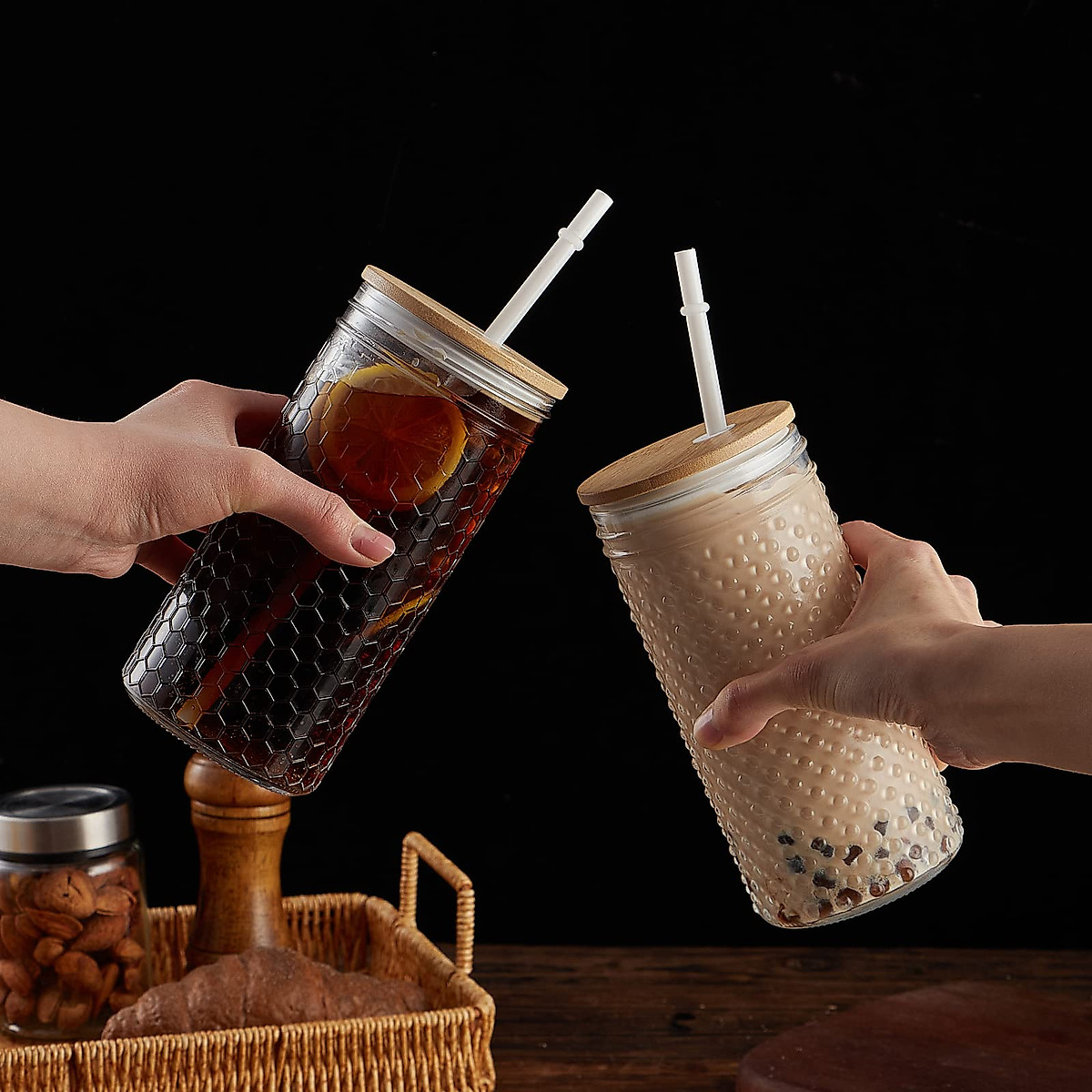 Hyperspace 4Pack Glass Tumblers with Bamboo Lids and Straws, 24 OZ Wide Mouth Mason Jar Drinking Glasses Travel Bottles with Varitey of Patterns for Multi Use