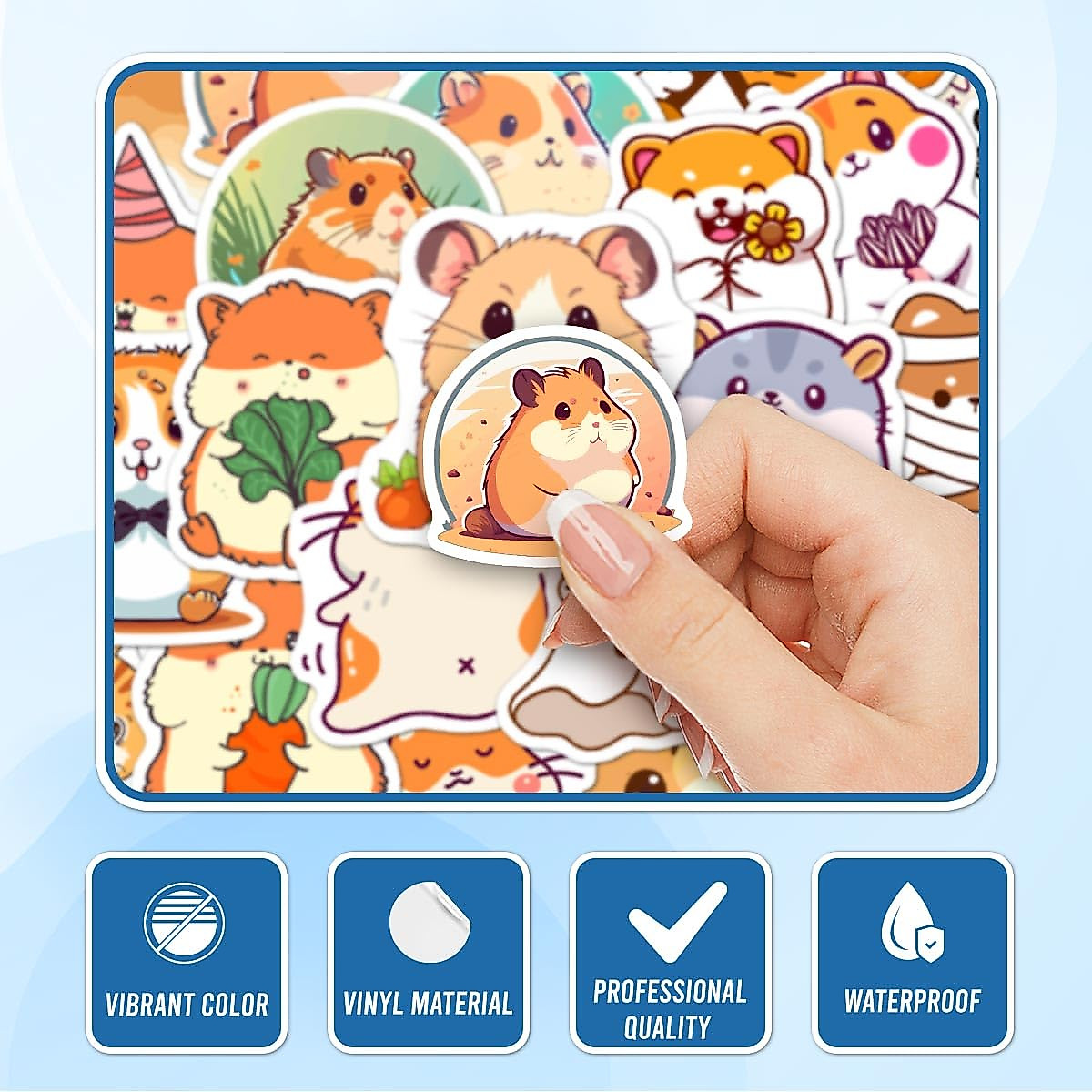 Pack 50 pcs Cute Animal Hamster Stickers for Water Bottles Waterproof Laptop Luggage Computer Cups Phone case Teens Adults Girls Funny Aesthetic Sticker Packs Small Vinyl Decals