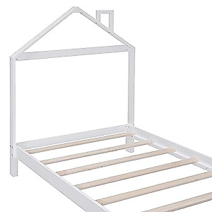 Twin Bed Frames with Headboard and Footboard Bench, Twin Bed Frame with House Shaped Headboard and Chimney, Twin Bed Frames for Kids, Girls Boys, No Box Spring Needed(White)