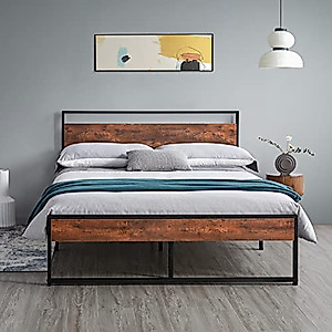 Yaheetech Queen Metal Platform Bed Frame with Rustic Wooden Headboard and Footboard, Mattress Foundation/No Box Spring Needed/12 Inch Underbed Storage/Slats Support/No Noise/Easy Assembly, Mahogany