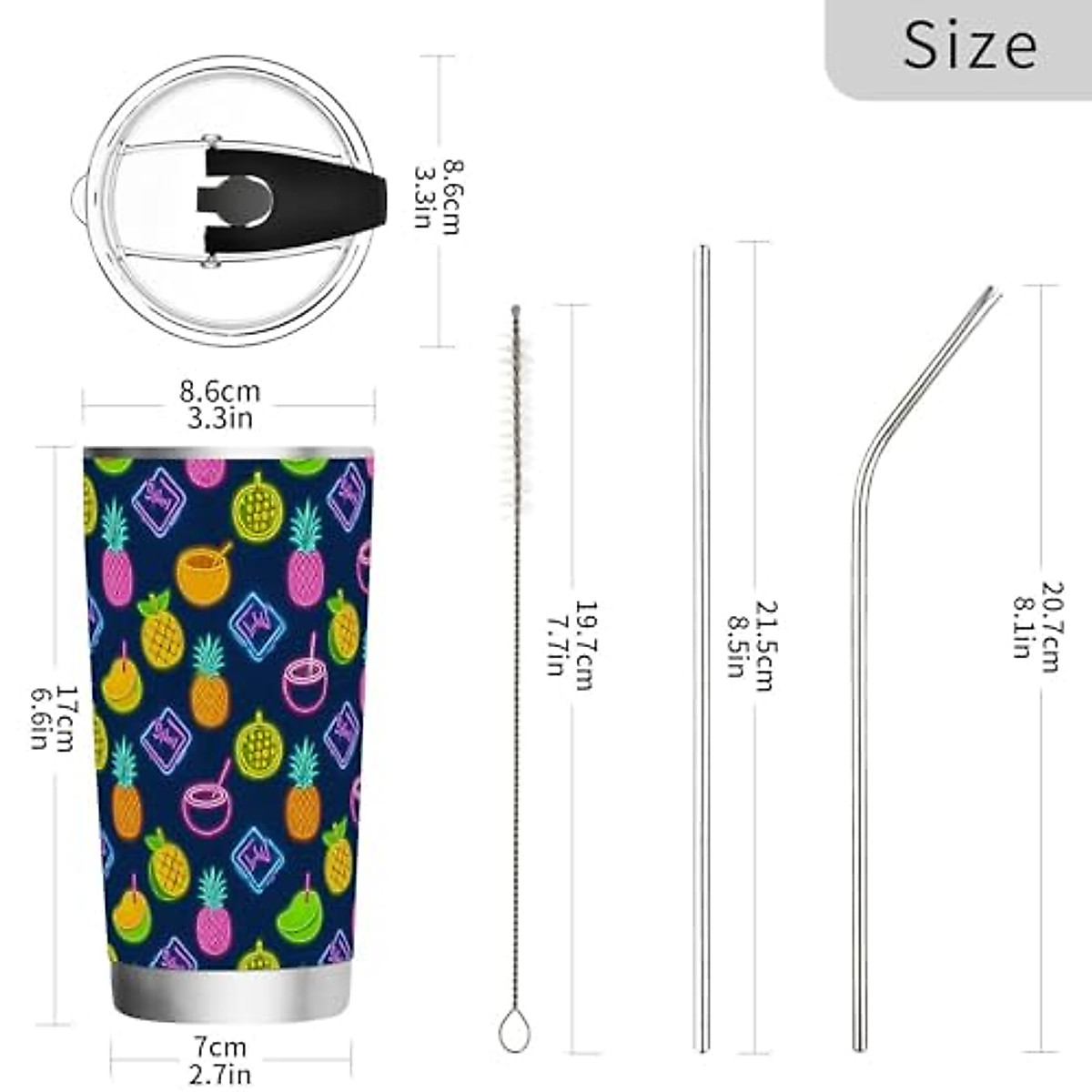 sanluoli Summer Neon Coconut fruit Pineapple Stainless Steel coffee cups with lids with Straw Lid coffee travel mug for gym portable insulated tumbler 20 OZ