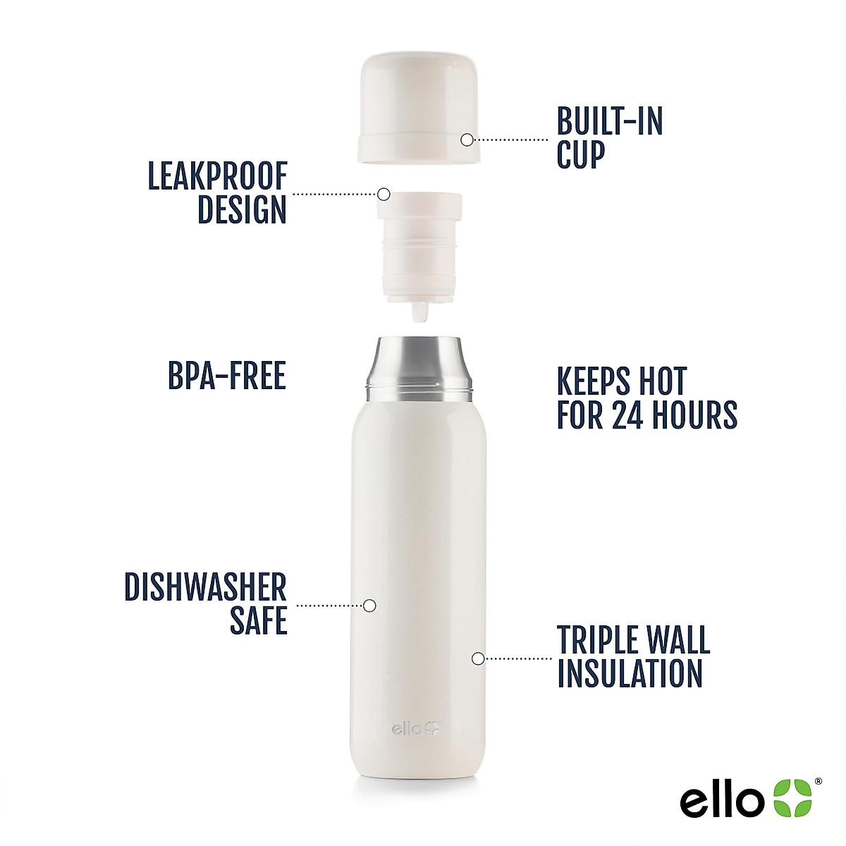 Ello Therma 32oz Insulated Stainless Steel Thermos for Hot & Cold Beverages with Leak Proof Lid & Built-in Cup, Triple Wall Insulation, Hot 24 Hrs, Perfect for Coffee,Tea, Dishwasher Safe, Cream