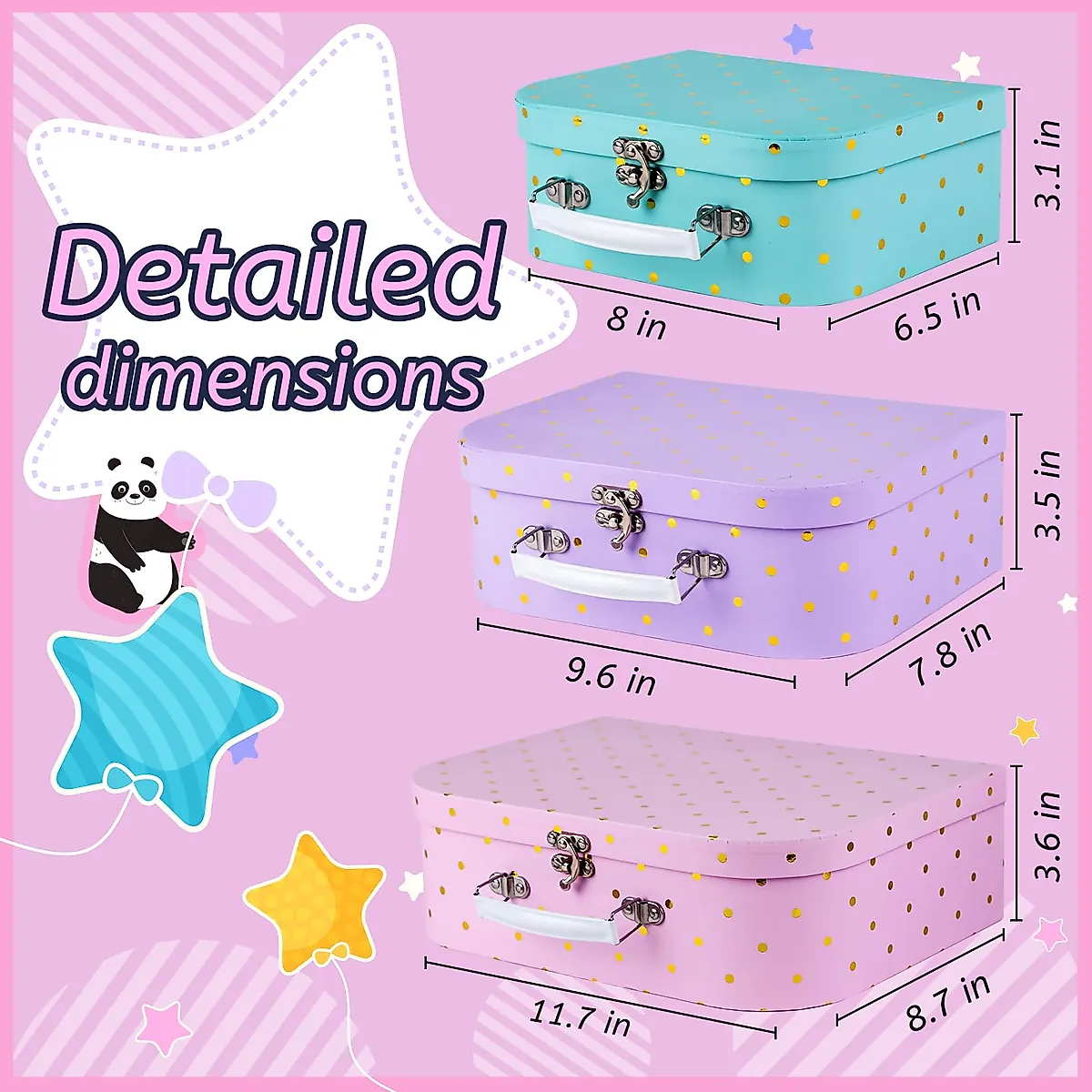 Eazy2hD Paperboard Suitcases, Set of 3 Decorative Storage Boxes Gift Boxes With Lids for Photo Storage Home Decoration, Birthday, Weddings, Anniversary - Mini Cardboard Suitcase - Gold Foil Polka Dots