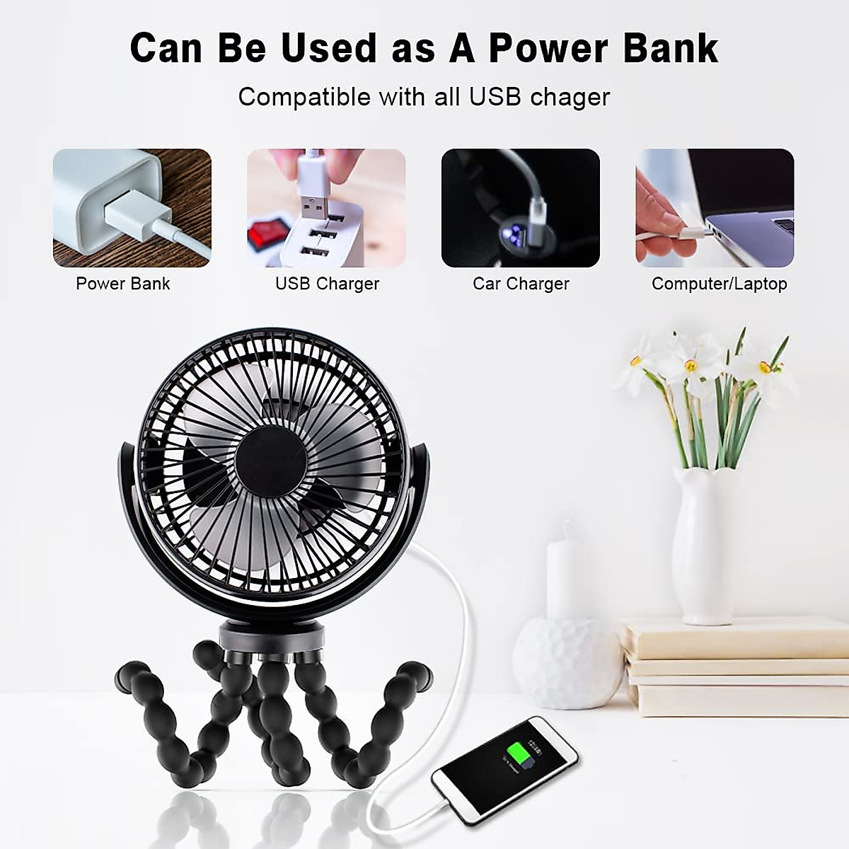 LICHTEE Battery Operated Baby Stroller Fan ,Portable Small Personal Fan, Rechargeable USB Desk Fan with Charging your Phone Three-speed Adjustment Clip on for Stroller Car Seat/Kitchen/Umbrella/Desk/Golf Cart