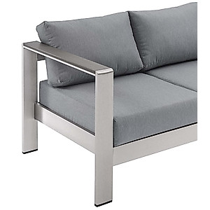 Modway Shore Aluminum Metal Outdoor Patio Sofa With Silver Gray All-Weather Cushions