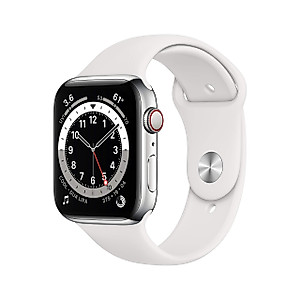 Apple Watch Series 6 (GPS + Cellular, 44mm) - Silver Stainless Steel Case with White Sport Band (Renewed)