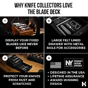 Luxury Knife Display Case for Fixed Blades and Pocket Knives – Large Drawer & Solid Wood Pillars – Wooden Knife Box – Display ESEE Knives, Benchmade, WESN and More – Christmas Gift for Men