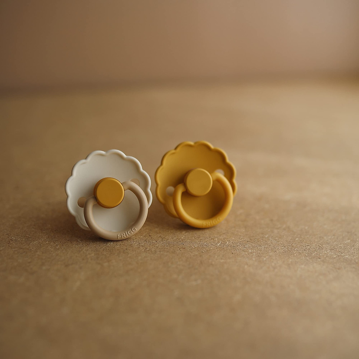 FRIGG Daisy Natural Rubber Baby Pacifier | Made in Denmark | BPA-Free (Chamomile/Peach Bronze, 0-6 Months) 2-Pack