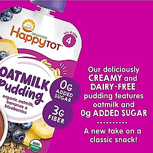 Happy Tot Organics Oatmilk Pudding, Dairy-Free, Stage 4 Toddler Snack, Oatmilk, Bananas & Blueberries, 4 Ounce Pouch, Pack of 16