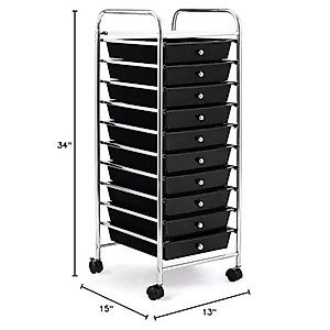 10-Drawer Rolling Storage Craft Cart and Organizer - Rolling Organizer Cart Tools and 4 Universal Casters (Black)