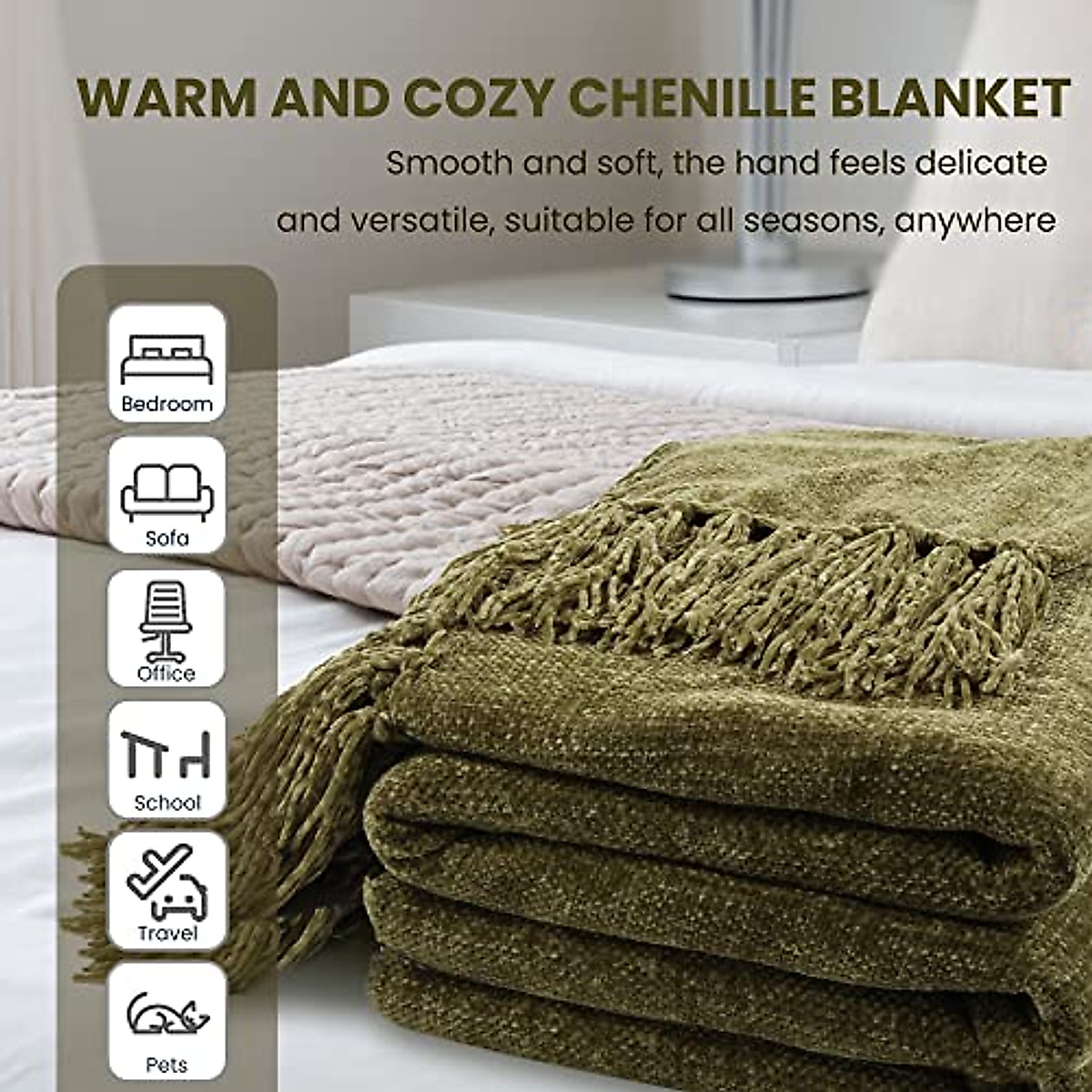 Vhorate Throw Blanket for Couch Sofa Bed Chair, 50in x 60in Soft Cozy Chenille Living Room Blanket with Tassel, Comfy All Seasons Suitable for Women Men and Kids