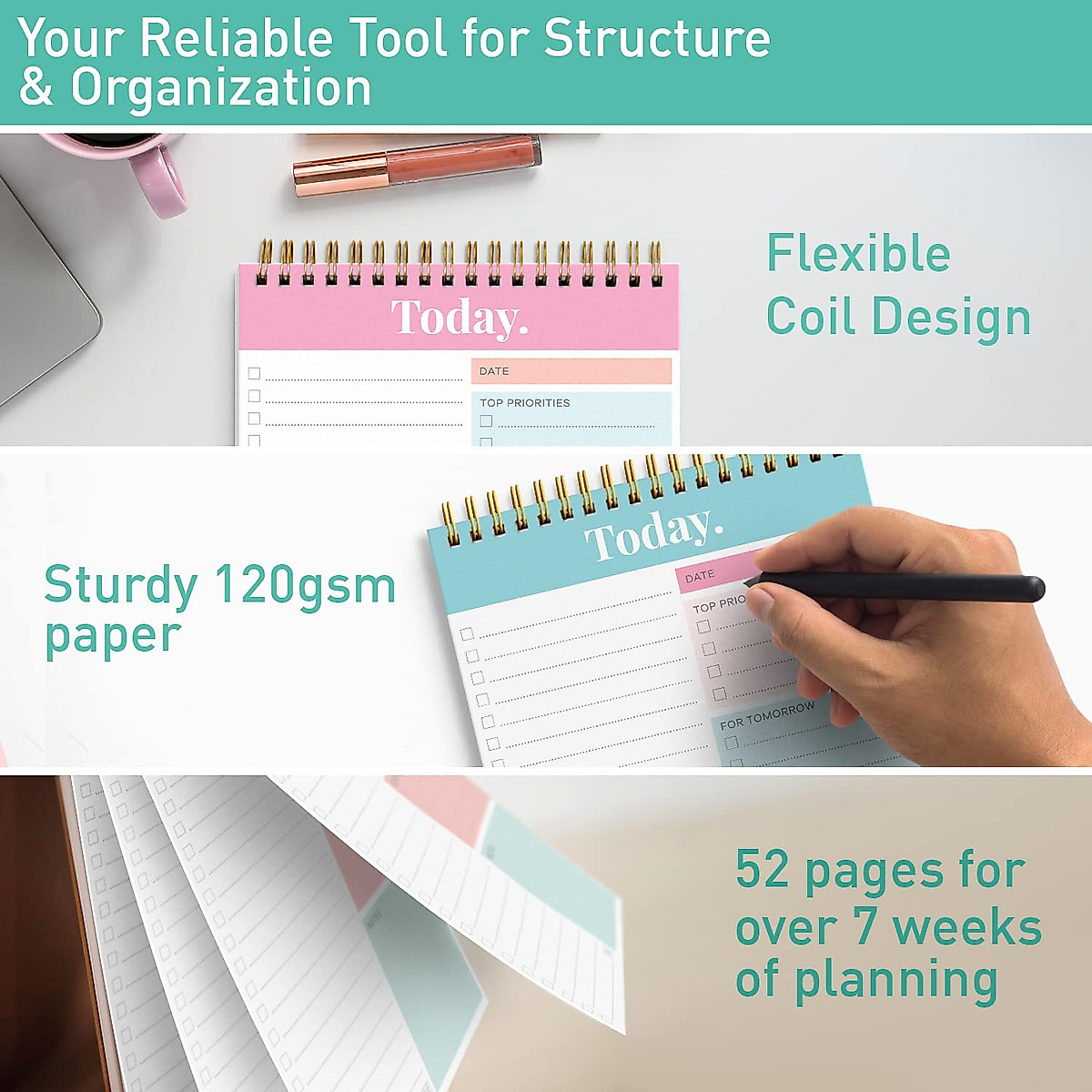 S&O Daily Planner Notepad for Productivity - 52 Page Office To Do List - Undated Coiled Note paper Organizer - Spiral Desk Notebook Perfect for Setting Goals, Task Planning and Organisation - Set of 4