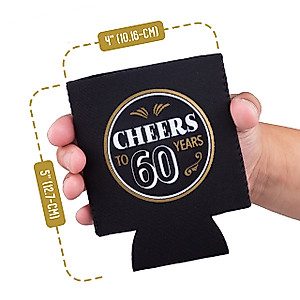 Prazoli Cheers to 60 Years Beer Can Coolers (12 Pack) - 60th Birthday Party Decorations & Supplies - Black & Gold | Perfect Men Anniversary Coolers Set for Parties