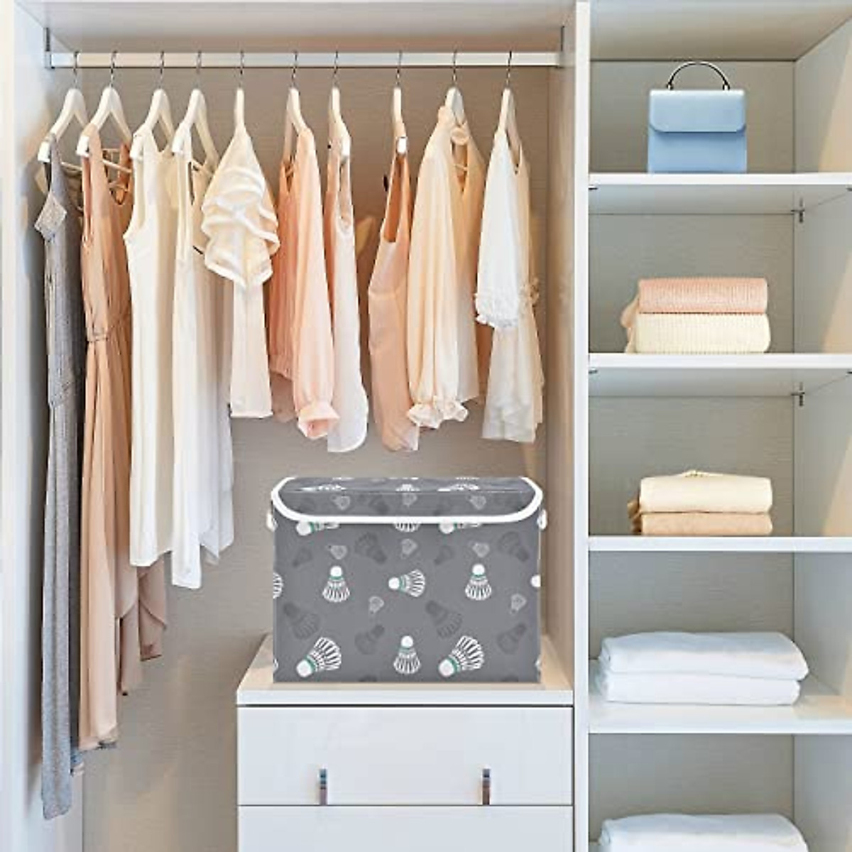 CaTaKu Gray Badminton Storage Bins with Lids and Handles, Fabric Large Storage Container Cube Basket with Lid Decorative Storage Boxes for Organizing Clothes