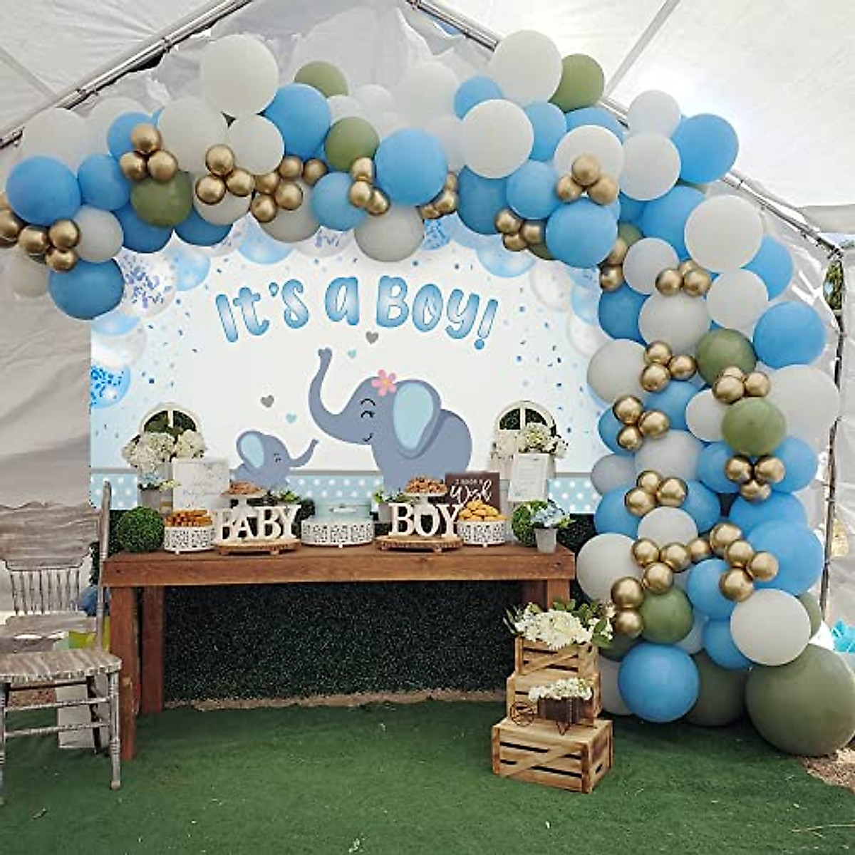 Elephant Baby Shower Backdrop Banner Blue Gray Baby Shower Decorations for Boy, Large Fabric Rustic Animal Theme Birthday Party Supply, It's A Boy Background Decor, Photography Props 72.8 x 43.3 Inch