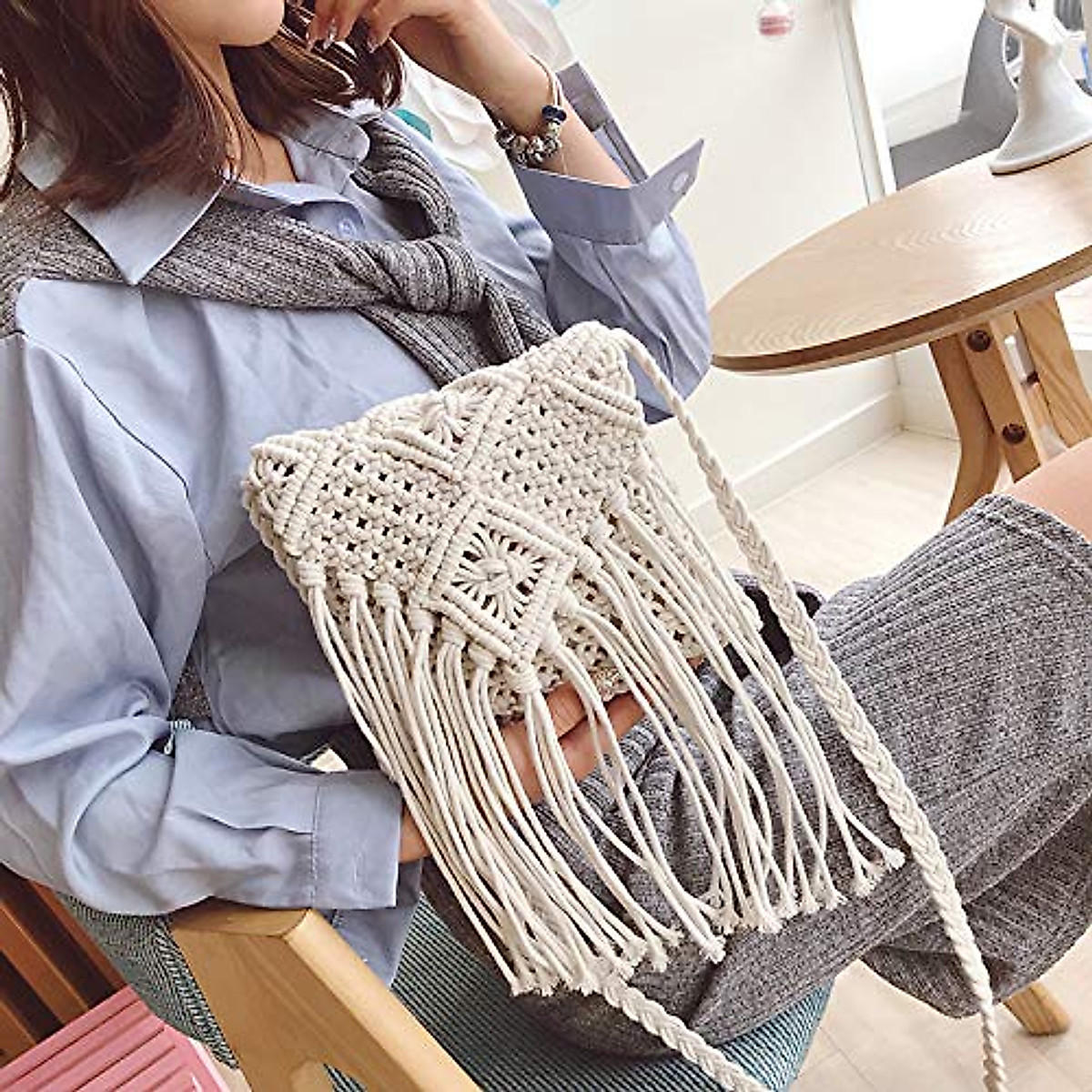 Nice Pies Women's Beach Straw Handbag Woven Tote Fishing Net Beach Bag Large Capacity Mesh Rope Combination Handbag (White)