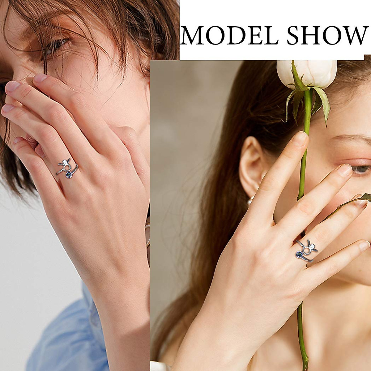 Taurus Zodiac Sign Adjustable Ring Mystic Rainbow Stacking Ring for Women White Gold Over 925 Sterling Silver Constellation Birth Month Ring Jewelry for Birthday Mothers Day Gift for Mom FR036J