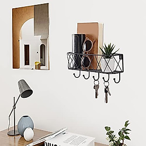 Snughome Entryway Mail Holder with Key Hooks for Wall, 11’’L Wall Mounted Matte Black Metal Wire Mesh Storage Basket with Holders for Organize Letters, Magazines, Keys, Leashes(Matte Black)