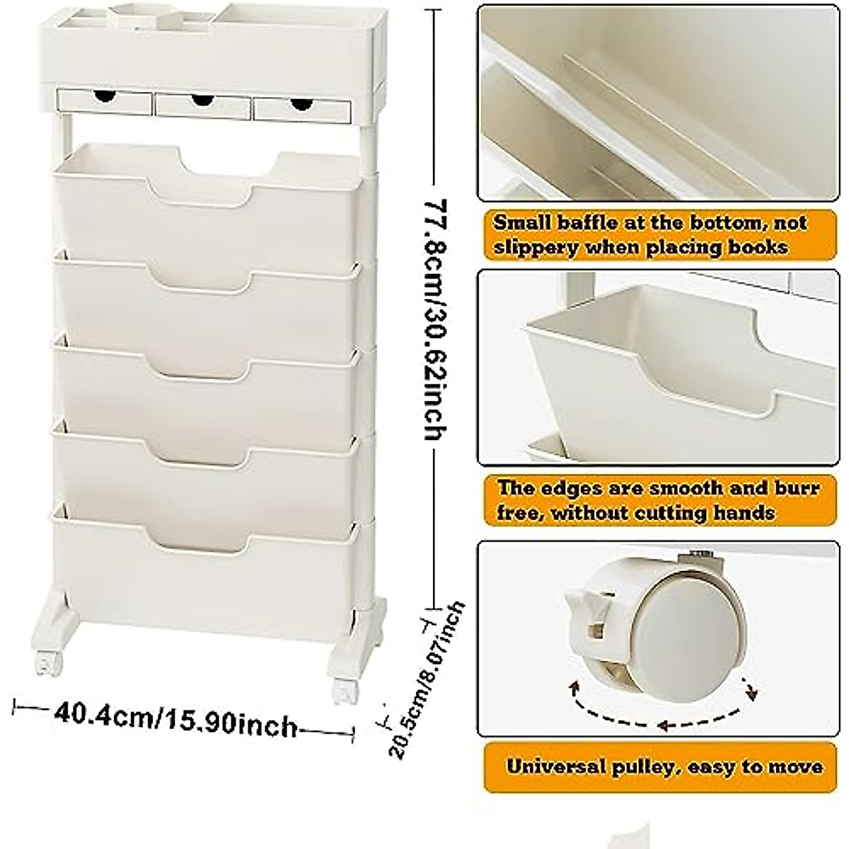 6 Tier Rolling Utility Cart,Multi-Functional Movable Storage Book Shelves With Lockable,Mobile Bookshelf Unique Bookcase Rolling Storage Cart,For Study Office Kitchen Classroom,Without drawer,C