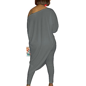 MESLIMA Womens Autumn 3/4 Sleeve One Off Shoulder Solid Loose Fit Asymmetrical T Shirt Skinny Trousers Sweatsuit Grey L