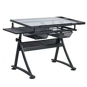 EESHHA Drawing Table Adjustable Glass Drafting Table,Versatile Art Study Table,with Storage Drawers,Art Studio Design Sketching Painting Work Station