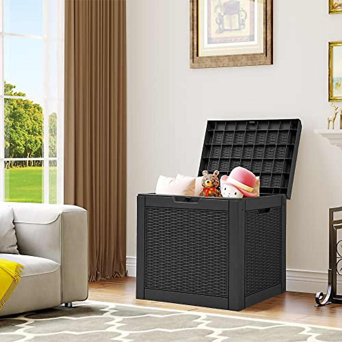 YITAHOME 32 Gallon Rattan Deck Box, Indoor Outdoor Storage Box for Patio Furniture, Pool Accessories, Cushions, Garden Tools, Sports Equipment, Waterproof Resin with Lockable Lid and Side Handles (Black)