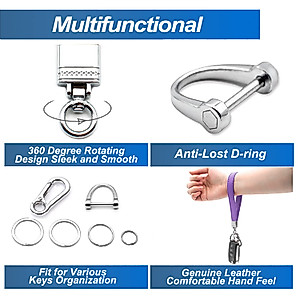 INFIPAR Car Fob Key Chain Genuine Leather Wristlet Strap Keychains Holder for Men and Women, 360 Degree Rotatable, with Anti-lost D-Ring, Carabiner Clip and 4pcs Key Rings, Purple