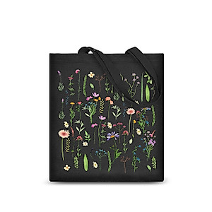 AUSVKAI Cute Canvas Tote Bag Aesthetic For Women College Grocery Bag Cotton Cloth Beach Totes Gift-Black Flowers
