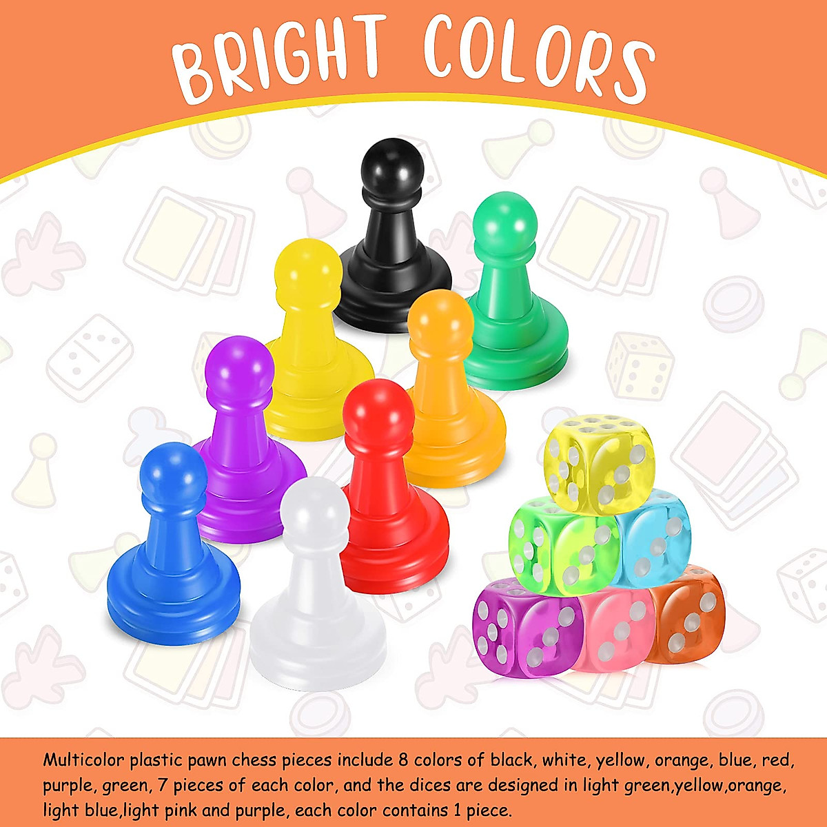 78 Pieces Multicolor Board Game Pieces Include 72 Pieces Multicolor Plastic Pawn Chess Pieces 6 Pieces Plastic 6-Sided Game Dice Chess Game Pieces Game Dice Set for Board Game Components Table Marking
