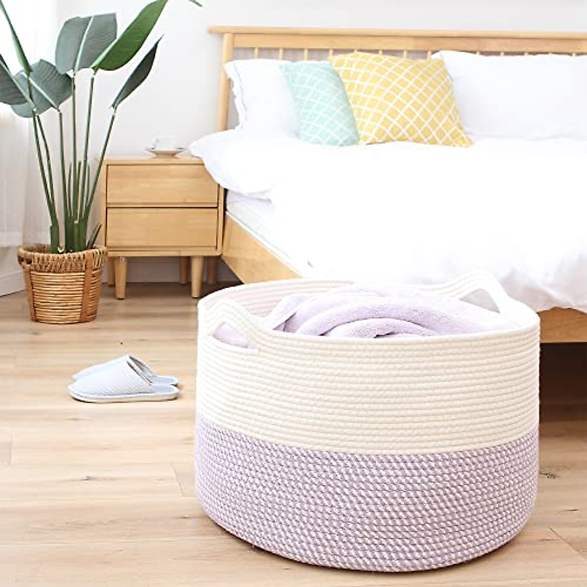 Sea Team XXXL Cotton Rope Basket, Large Woven Nursery Storage Bin, Laundry Hamper, Jumbo Blanket Basket for Rugs, Cushions, Pillows, Toys Organizer, 22 x 14 Inches, White & Mottled Lavender