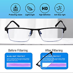 Anourney 3-Pack Reading Glasses for Men, Lightweight Metal Half Frame Blue Light Blocking Computer Readers, Filter UV Ray/Computer Glare with Spring Hinge Eyeglasses(3PCS Black,+1.25)