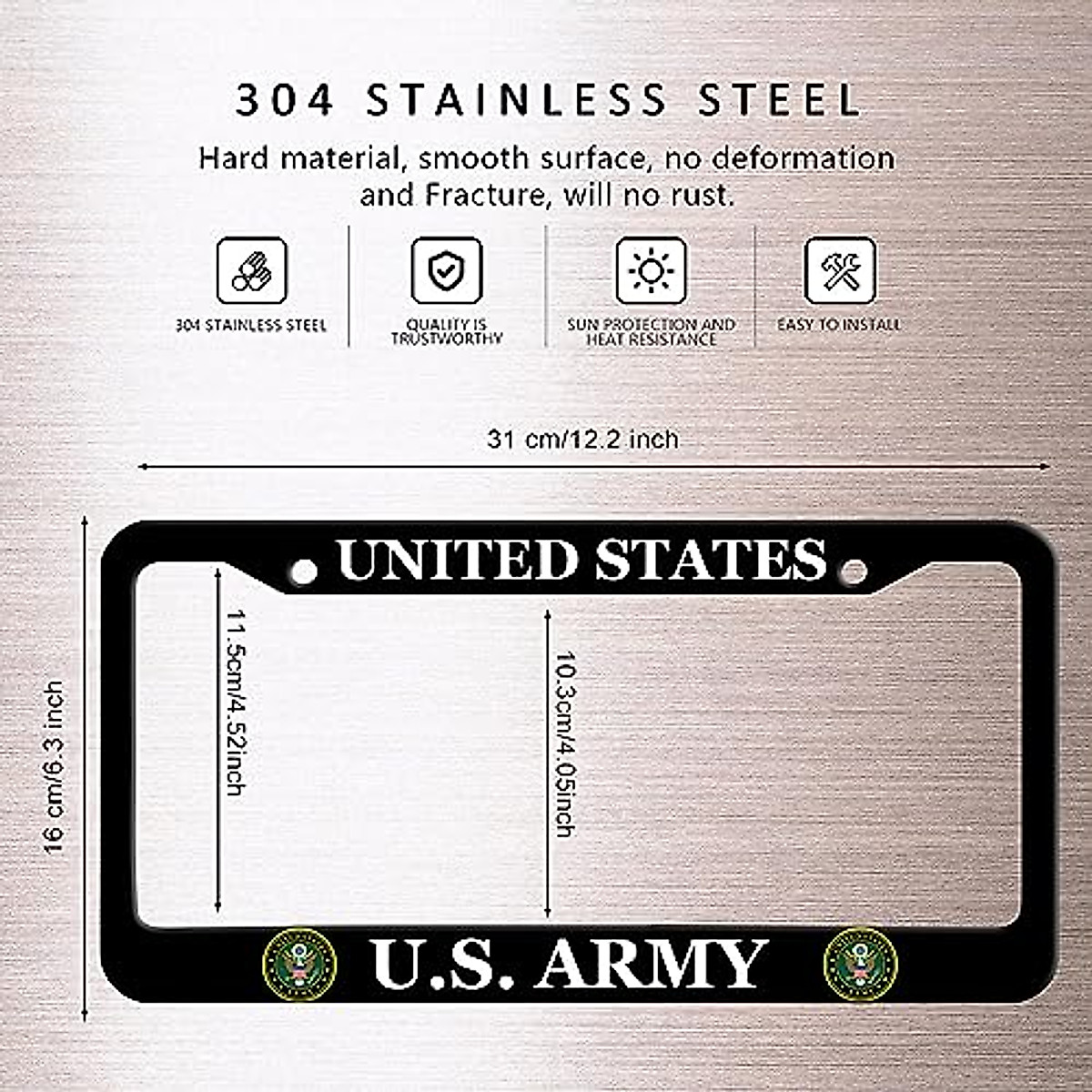 2 Pack License Plate Frames for U.S. Army, Universal Aluminum Front and Rear License Plate for United States Army (Black)