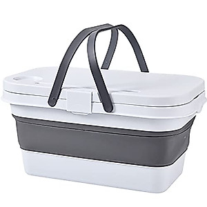 Foldable Picnic Basket with Lid and Tray Table, Collapsible Camping Basket Tub with Handle, Portable Basin Bucket for Camping BBQ
