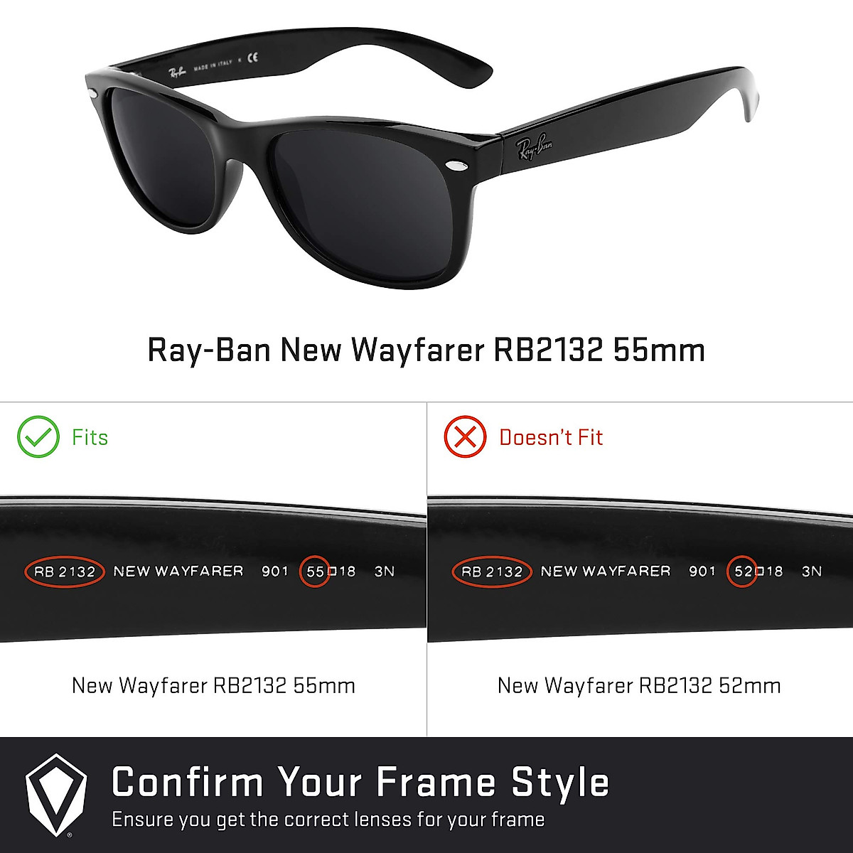 Revant Replacement Lenses for Ray-Ban New Wayfarer RB2132 55mm sunglasses, UV Protection, Anti-Scratch and Impact Resistant, Polarized Stealth Black