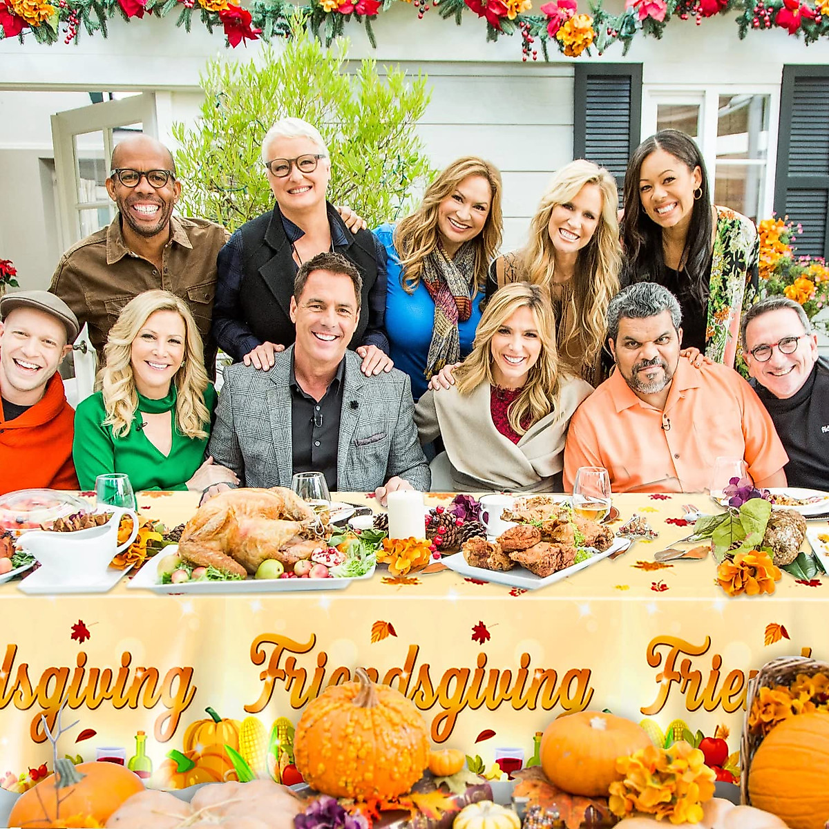 tineit 3 Pieces Friendsgiving Tablecloth, Happy Friendsgiving Decorations Plastic Tablecovers, Rectangle Friendsgiving Table Decorations for Fall Thanksgiving Friendsgiving Party, 108 * 54