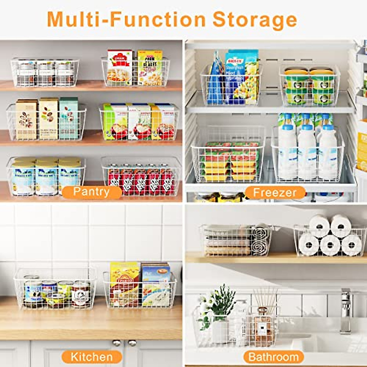 Wire Storage Baskets, iSPECLE 4 Pack Large Metal Wire Baskets Pantry Organization and Storage with Handles, Freezer Organizer Bins for Pantry Kitchen Shelf Laundry Cabinets Garage, White