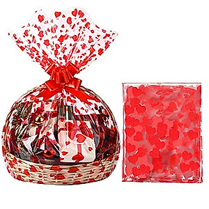 Zonon 20 Pcs Valentine Cellophane Bags 35 x 23 In Valentine Basket Bags Heart Printed Cellophane Wrap red Basket Bags Large Cellophane Bags for Baskets, Weddings (Heart Style)