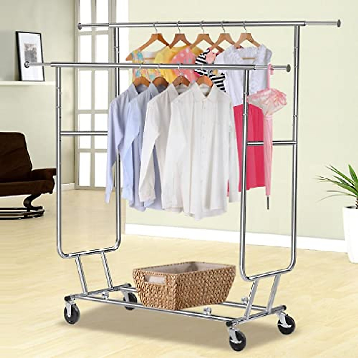Topeakmart Rolling Clothes Rack 250 lbs Load Capacity Commercial Double Rail Garment Racks Portable Clothes Rack, Clothing Rack, Hanging Cloest Organizer, Drying Racks for Laundry, Wardrobe Cloest