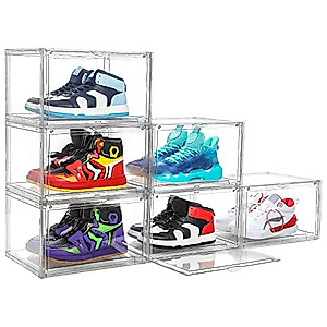 XGGJWW Shoe Storage Boxes 6 Pack x 25Qt Display Case with Magnetic Door, Clear Stackable Organizer Storage Bins for for Closet, Foldable Shoe Rack for Sneakers, High Heels, Boots